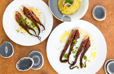 Roasted octopus with fresh oregano & fava from Santorini